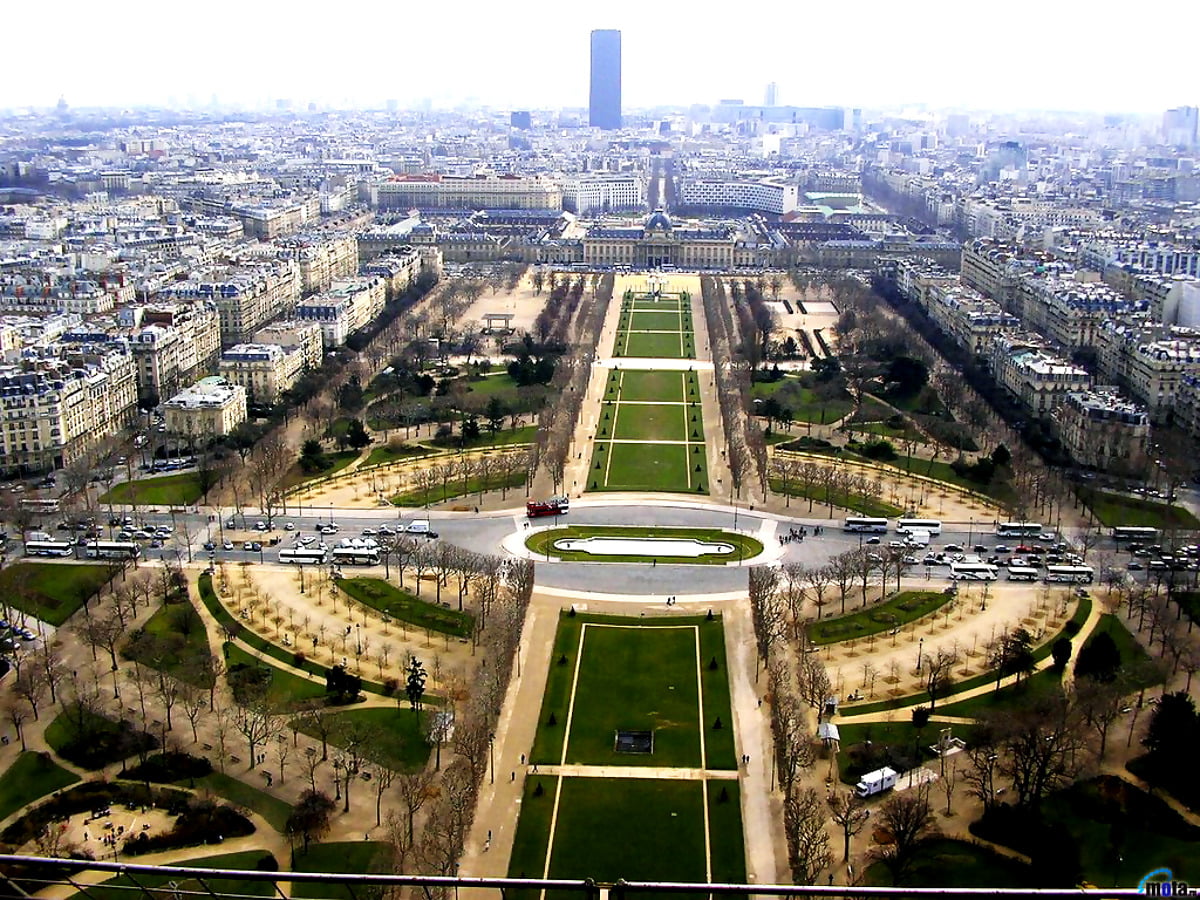 Champ-De-Mars, Eiffeltoren, Vogelperspectief achtergrond widescreen ...